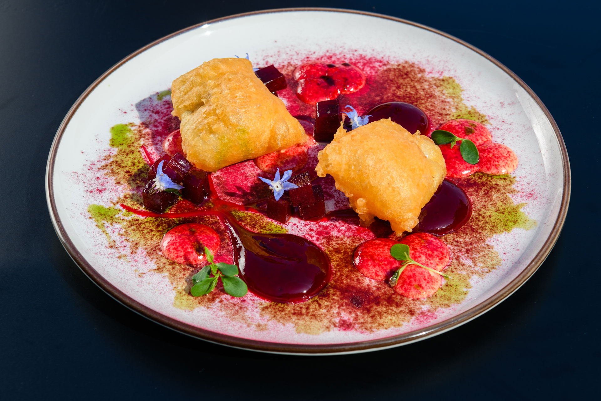 Cod puffs with beetroot textures and aioli – Agios Nikolaos Crete